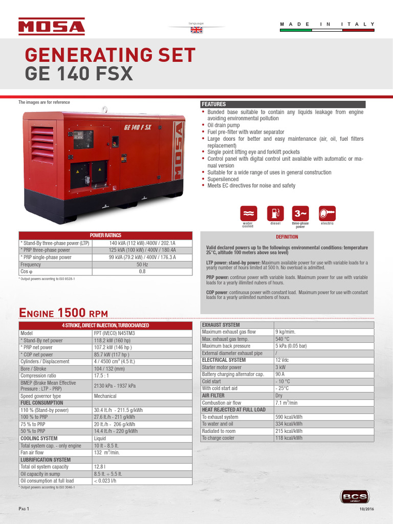 Ge 140 FSX: Generating Set | PDF | Horsepower | Engines