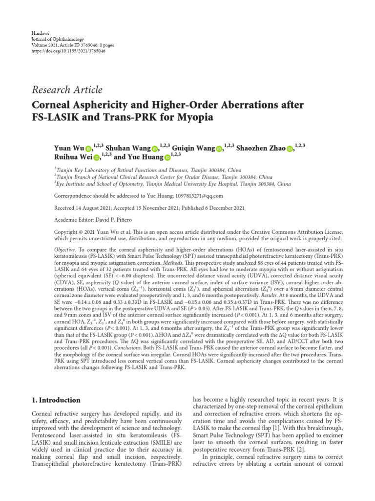 Corneal Asphericity and Higher-Order Aberrations After FS LASIK and Trans PRK | PDF | Myopia ...