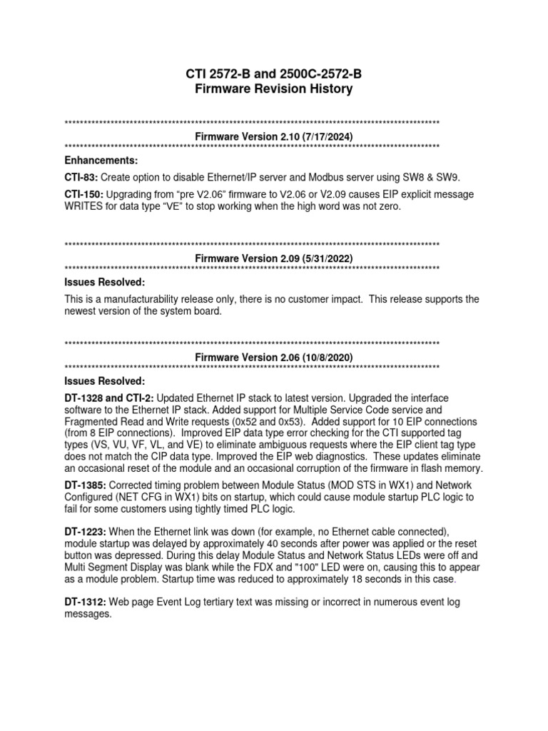CTI 2572 B Firmware Revision History | PDF | Transmission Control Protocol | Booting
