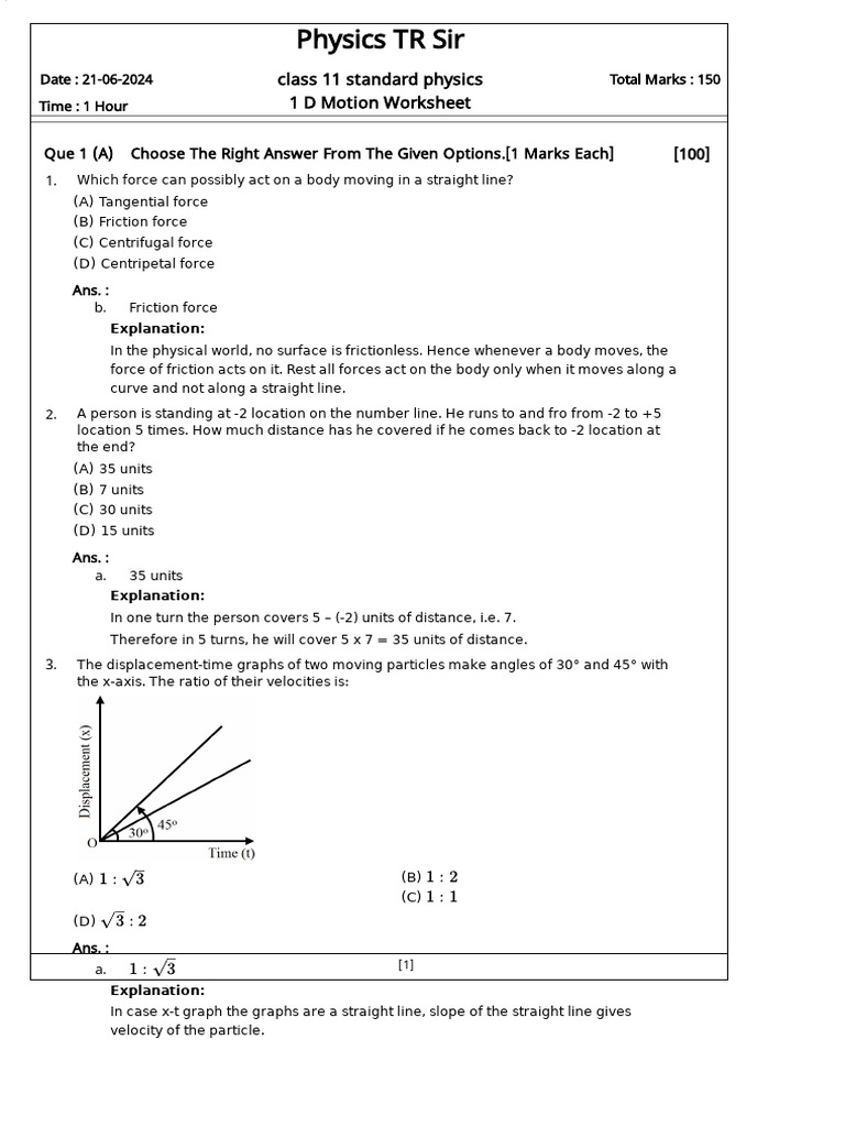 1D Revision Worksheet 1 Solution | PDF | Acceleration | Force