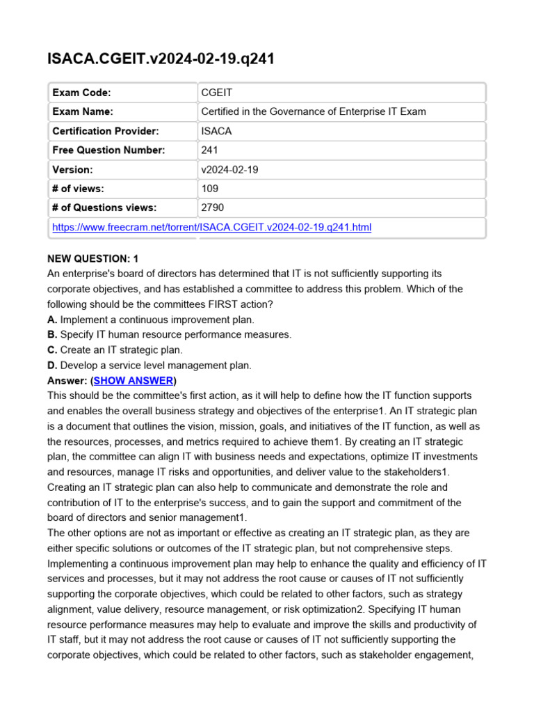 ISACA CGEIT v2024-02-19 q241 | PDF | Risk Management | Strategic Management