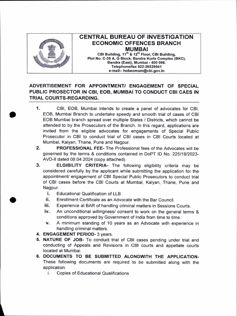 12.8 Adv For Appointment of SPP in CBI EOB MUM To Conduct CBI Cases | PDF