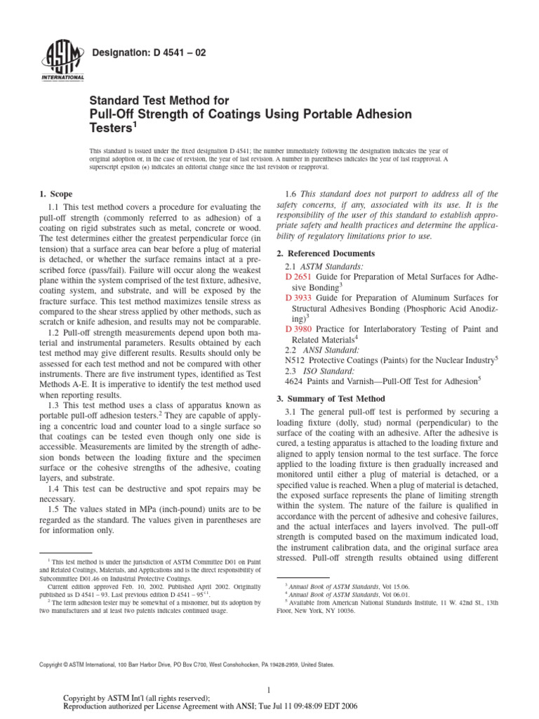 ASTM D 4541 Adhesion | PDF | Strength Of Materials | Adhesive