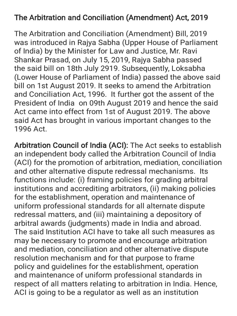 The Arbitration and Conciliation (Amendment) Act, 2019 | PDF ...