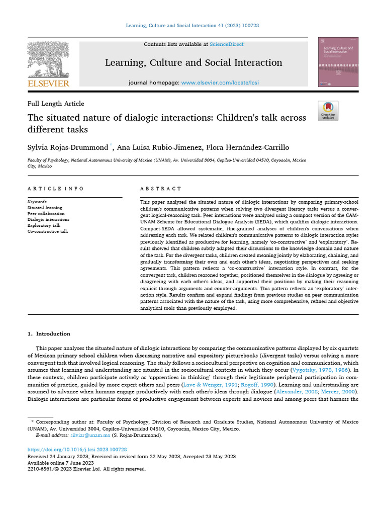 The Situated Nature of Dialogic Interactions Children's Talk Across Different Tasks | PDF ...