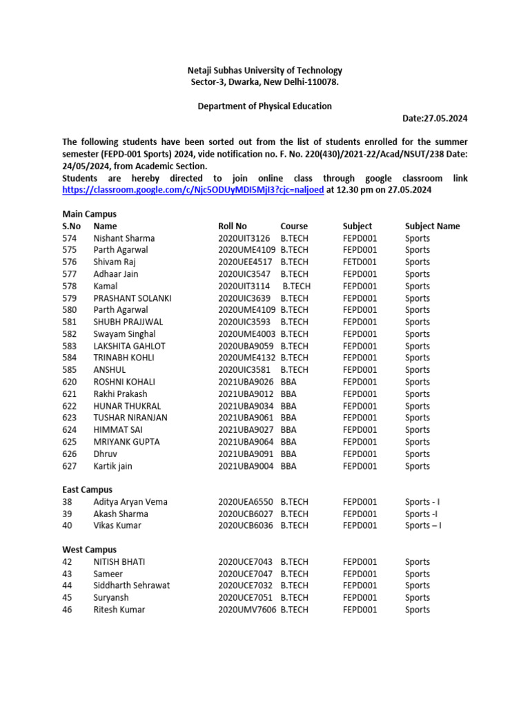 NSUT Summer 2024 Sports Class List | PDF