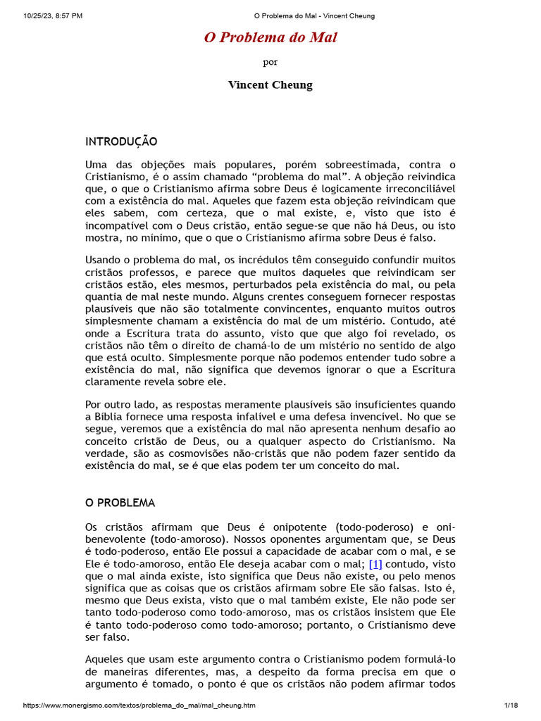 O Problema do Mal - Vincent Cheung | PDF | Deus | Pecado