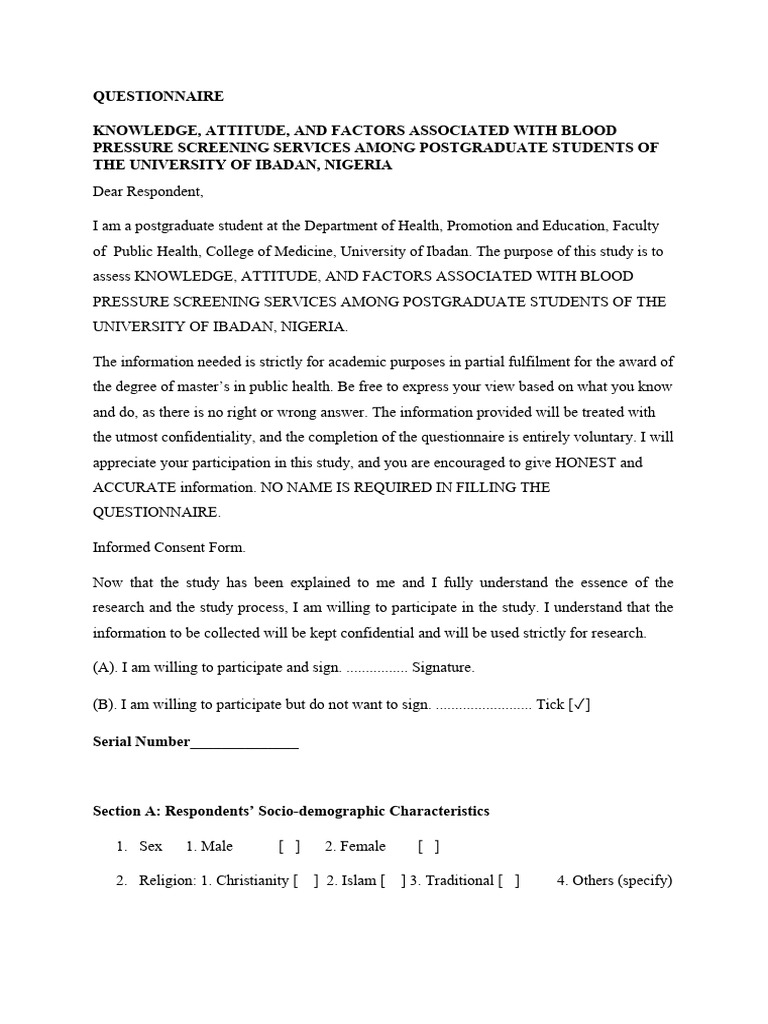 Blood Pressure Screening Questionnaire | PDF | Hypertension | Blood ...