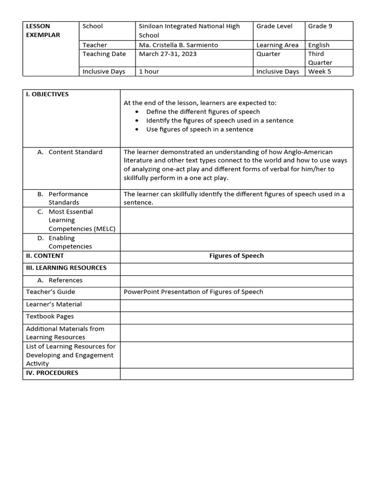Figures of Speech Lesson Plan for Grade 9 | PDF | Learning | Teachers