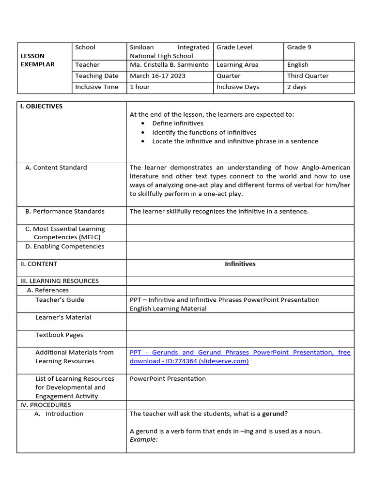 Lesson-Plan - Week-4 (Infinitives) | PDF | Verb | Language Mechanics