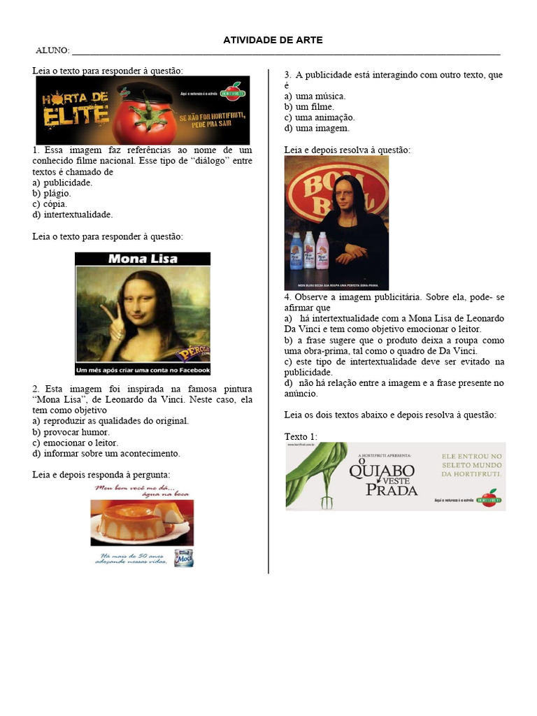 Arte Intertextualidade 9º Ano | PDF | Leonardo da Vinci | Publicidade