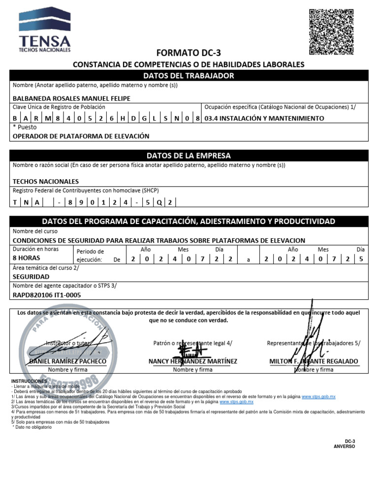 FORMATO DC3 STPS TENSA PLAT. MANUEL F | PDF | Economias
