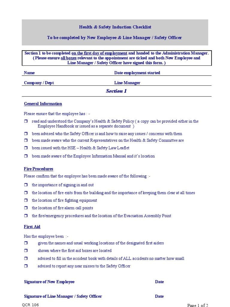 Health & Safety Induction Checklist | PDF