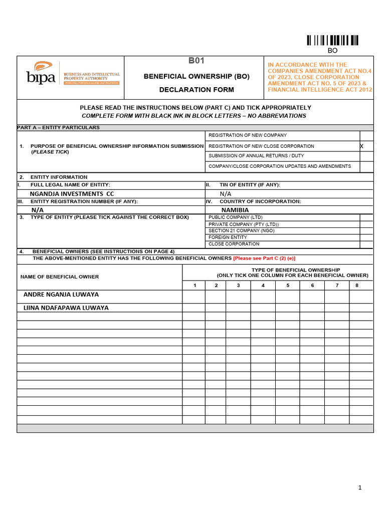 Beneficial Ownership Declaration Form - Bo1 Nganja Investments CC | PDF ...