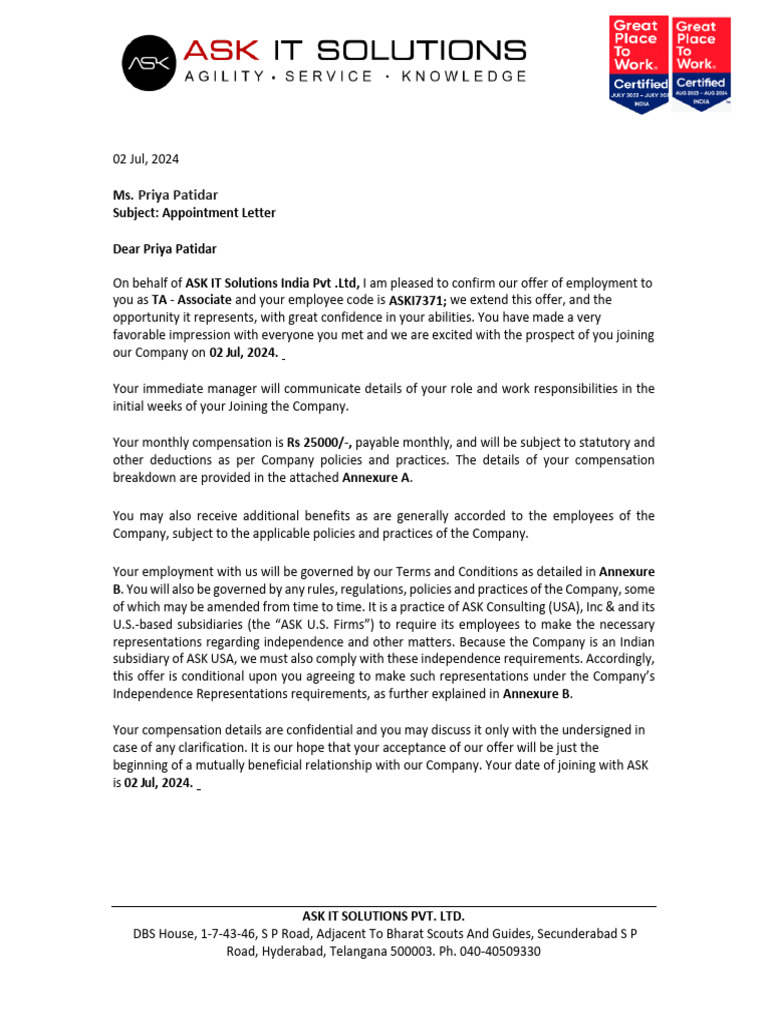 Appointment Letter - Priya Patidar | PDF | Taxes | Economies