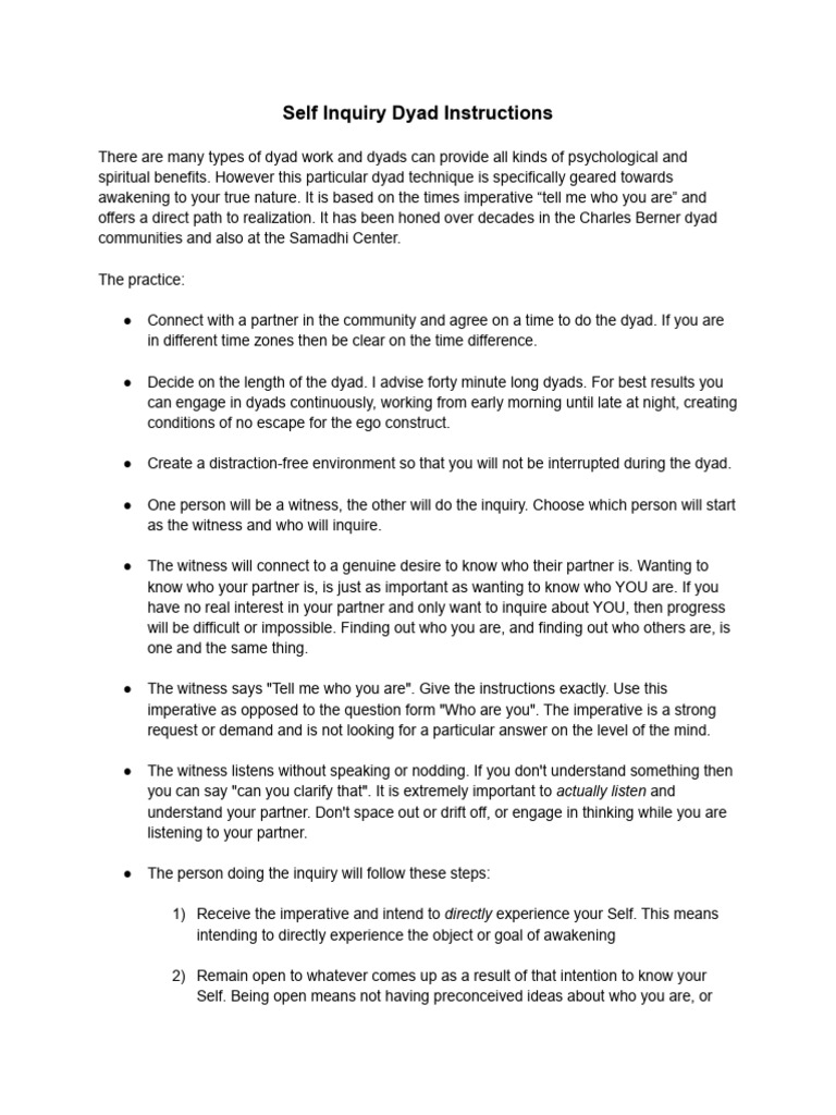Dyad Technique for Self Inquiry | PDF | Mind | Feeling