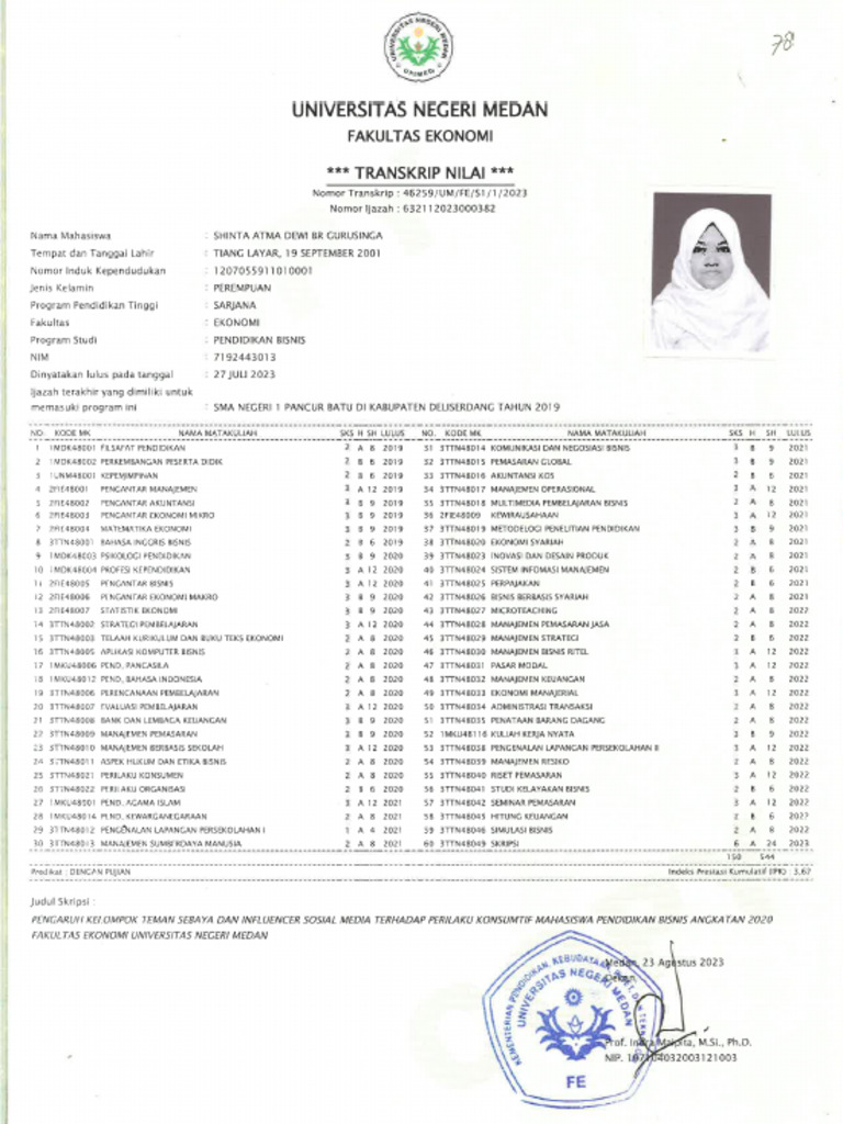 Transkrip Nilai Shinta Atma Dewi BR G | PDF