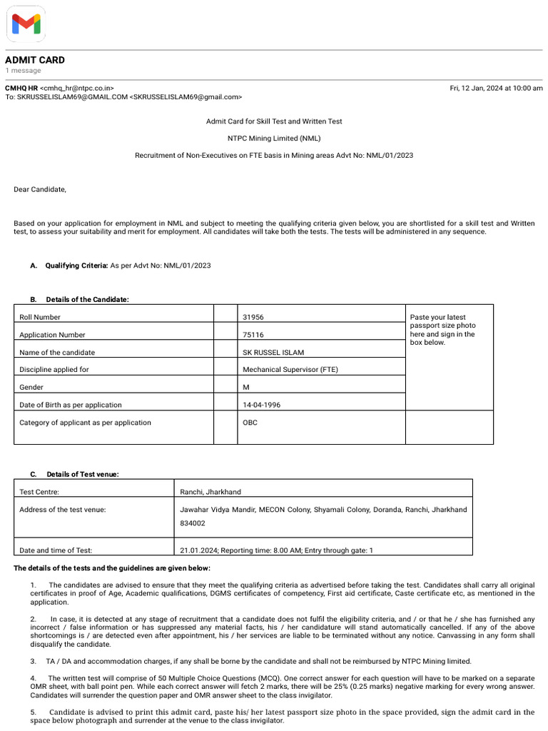 NTPC NML 21.01.2024 - Admit Card | PDF | Multiple Choice
