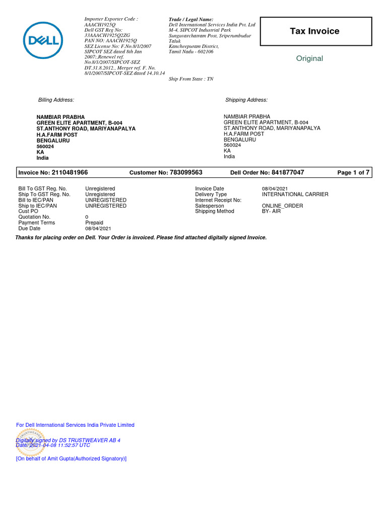 Invoice I2 CNS CNR 2110481966 2021-04-08 | PDF | Receipt | Invoice