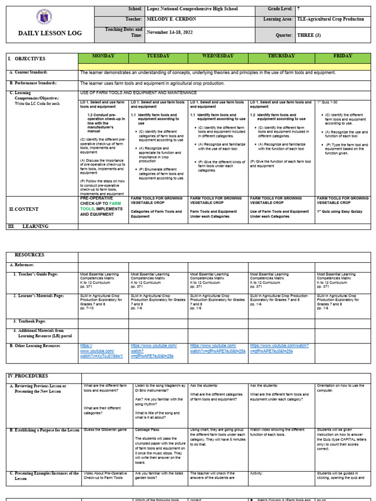 Agricrop 7 DLL Week 1 Final | PDF | Learning | Curriculum