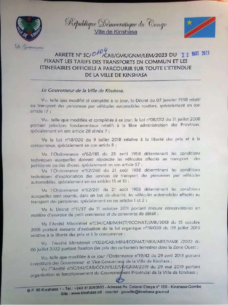 Arreté Fixant Le Cout de Transport - Ville de Kinshasa - Taxi | PDF