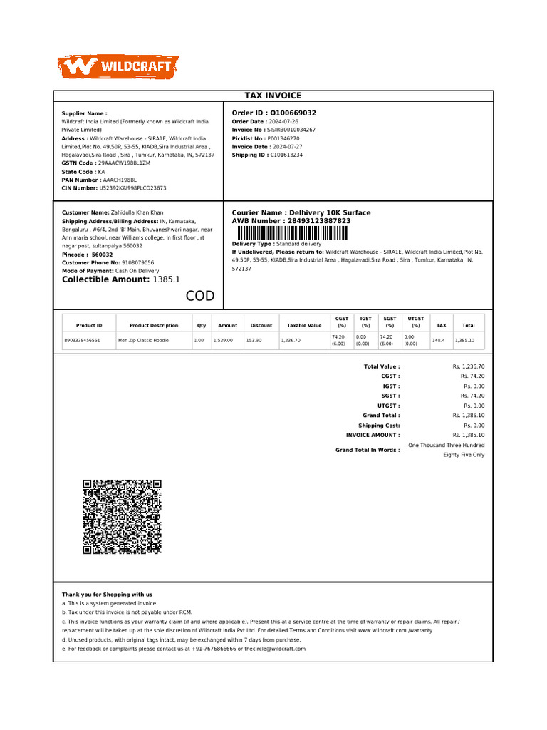 Wildcraft India Tax Invoice for Order O100669032 | PDF | Invoice ...