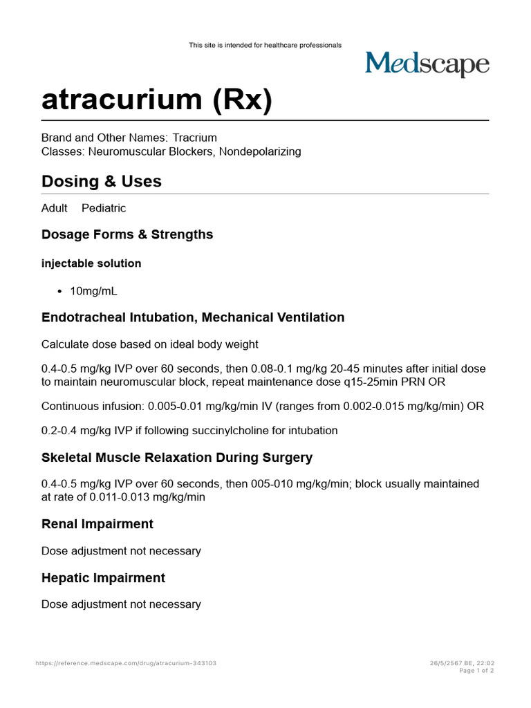 Tracrium (Atracurium) Dosing, Indications, Interactions, Adverse ...