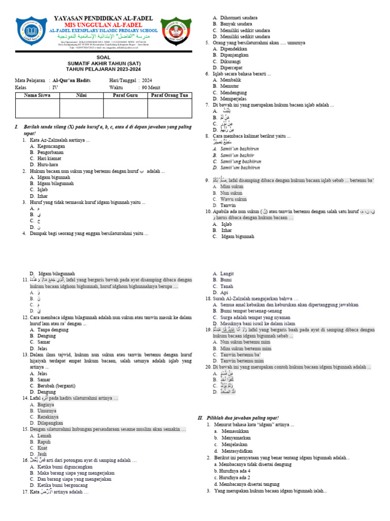 KOP SOAL PTS Genap 2023 2024 Kelas IV & V | PDF