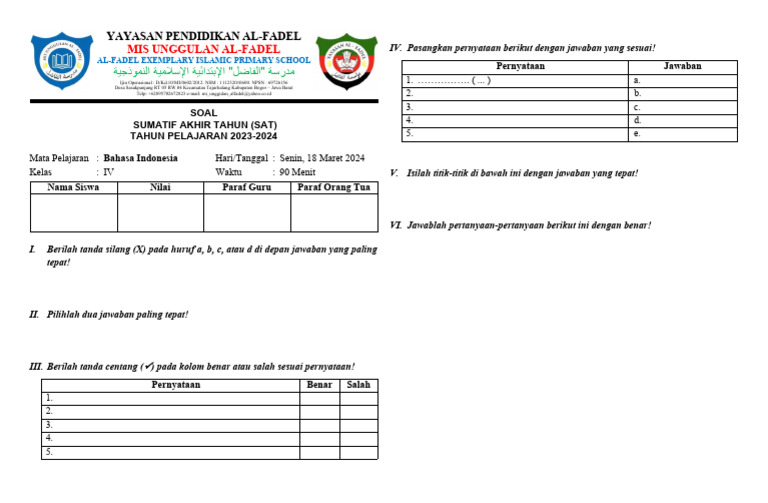 KOP SOAL PTS Genap 2023 2024 Kelas IV & V | PDF