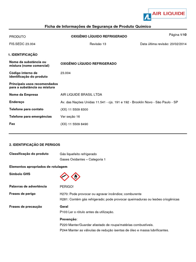Fispq - Oxigenio - Liquido - Refrigerado | PDF | Oxigênio | Primeiros ...