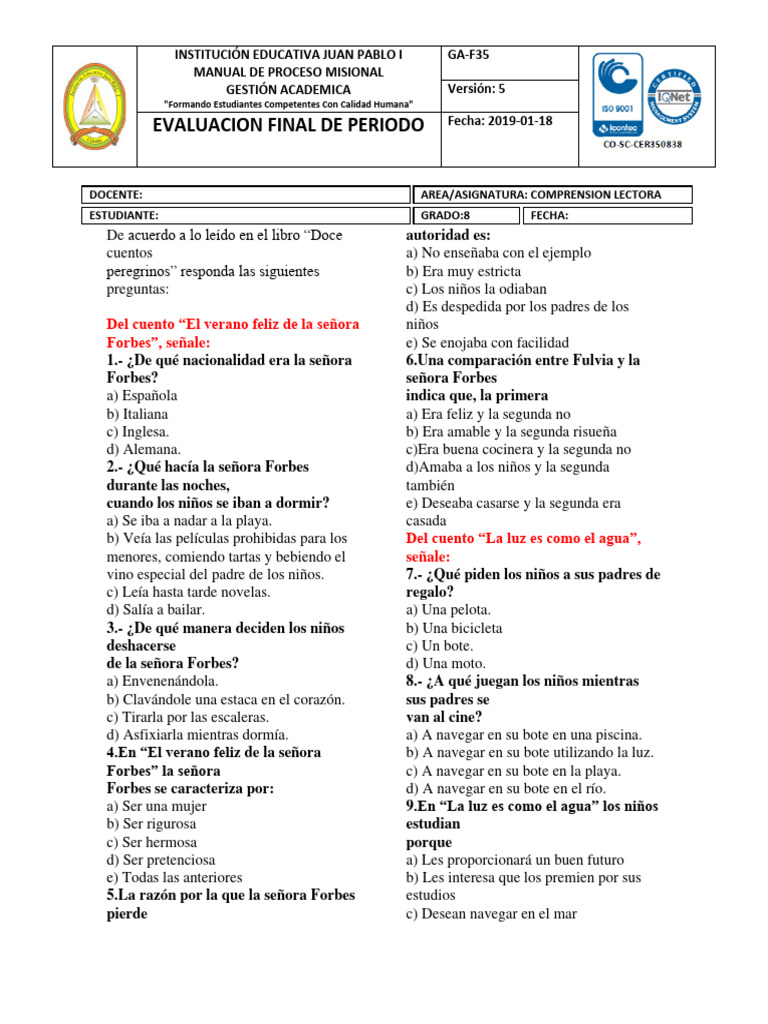 Evaluación de Comprensión Lectora 8° | PDF | Ficción general