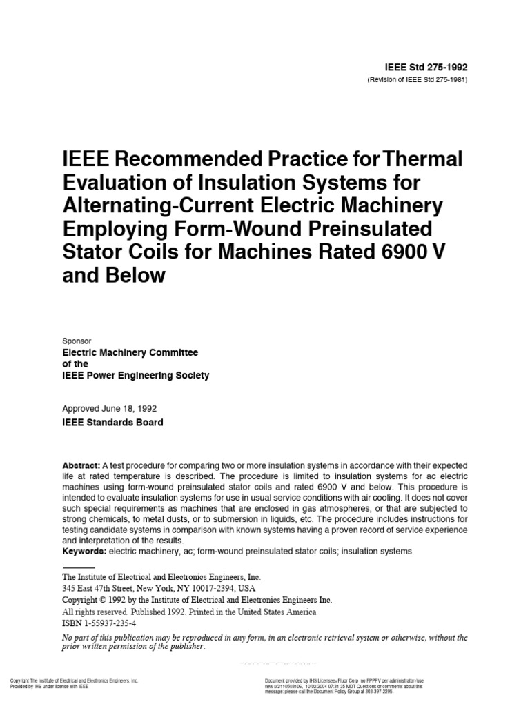 IEEE - 0275 - 1992 Thermal Evaluation of Insulation Systems | PDF ...