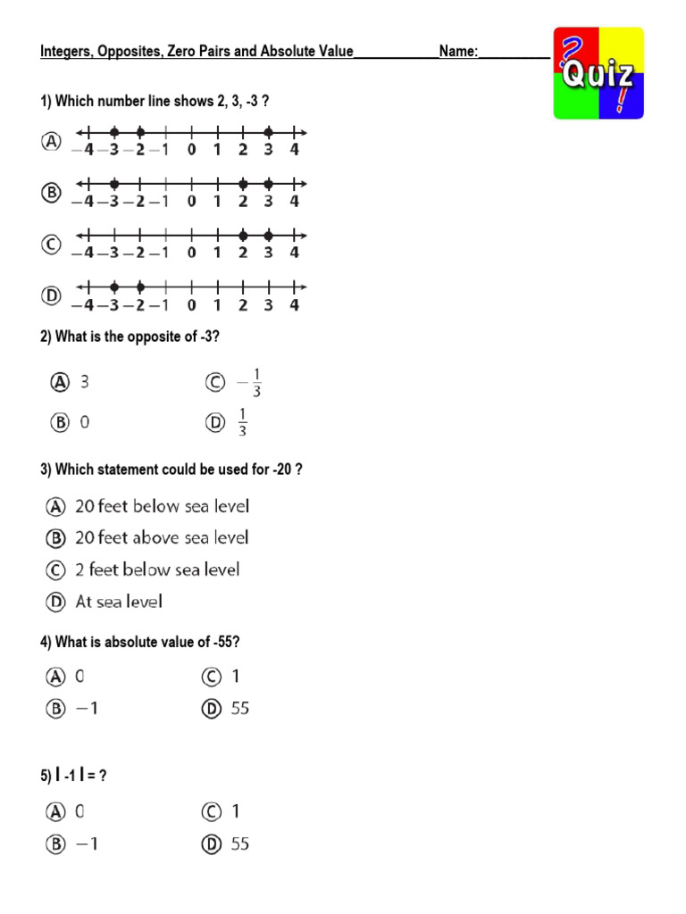 Integers QUIZ | PDF
