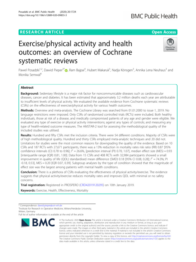 Exercise/physical Activity and Health Outcomes: An Overview of Cochrane Systematic Reviews | PDF ...