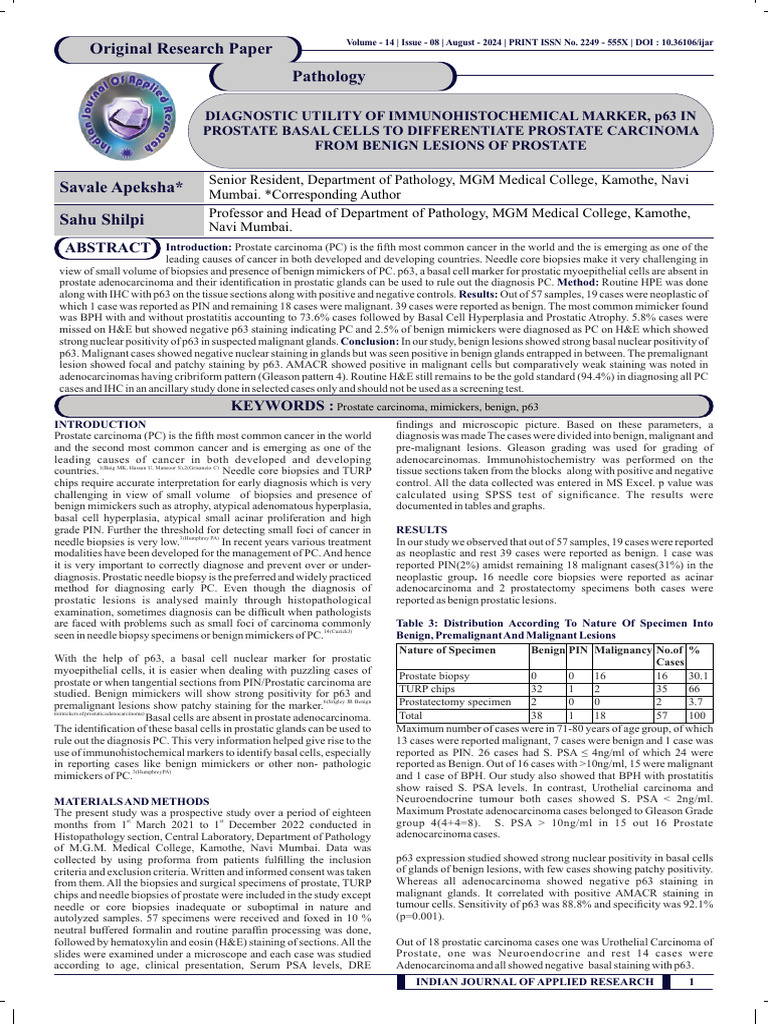 p63 Marker in Prostate Cancer Diagnosis | PDF | Prostate Specific ...