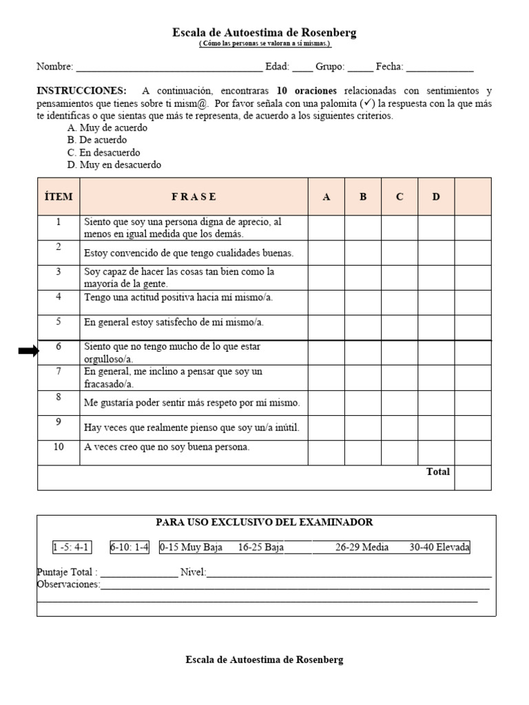 4.- TEST DE AUTOESTIMA ROSEMBERG | PDF | Autoestima | Validez ...