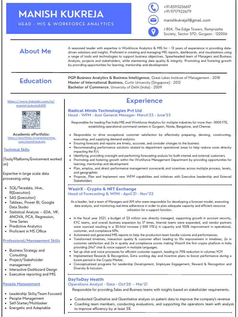 Manish_Kukreja_Resume.pdf | PDF | Analytics | Forecasting
