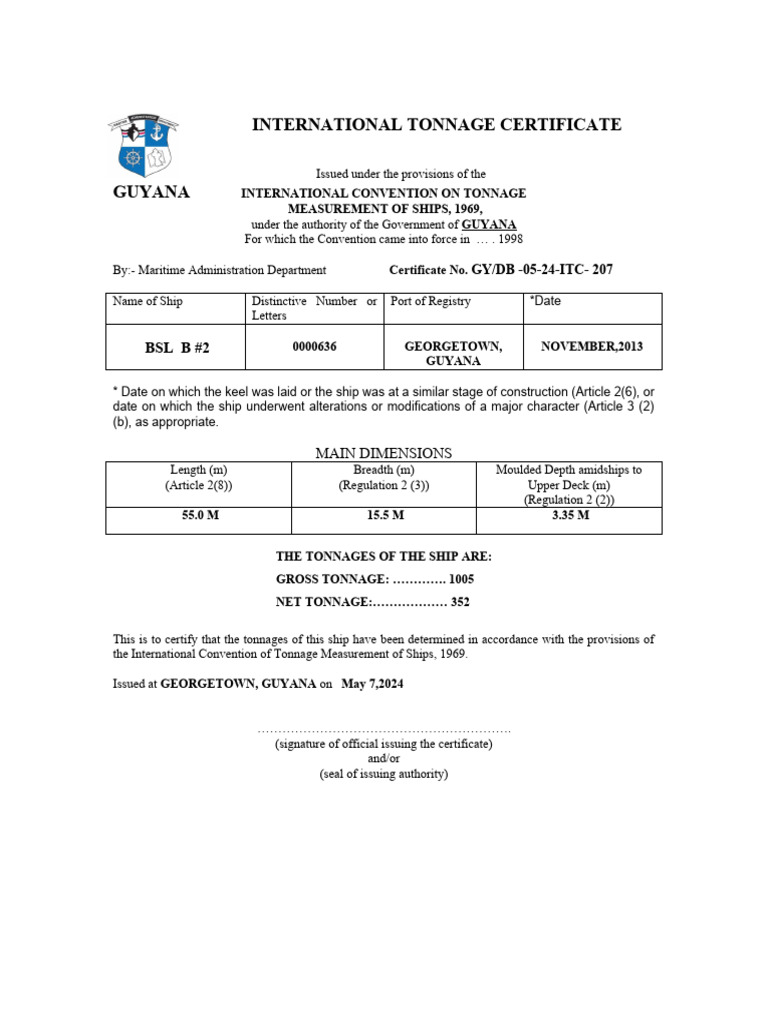 Bsl 2 Tonnage Certificate | PDF | Tonnage | Ships