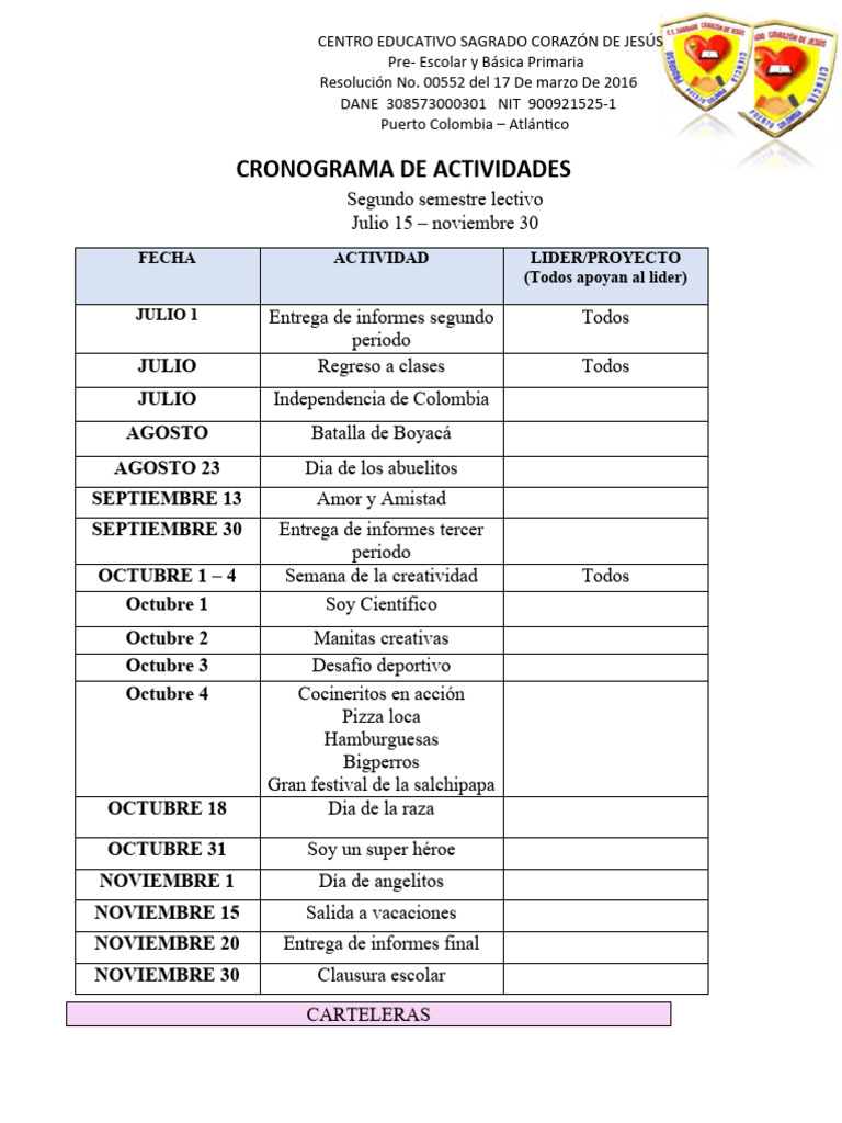 Calendario Actividades Segundo Semestre 2024 | PDF