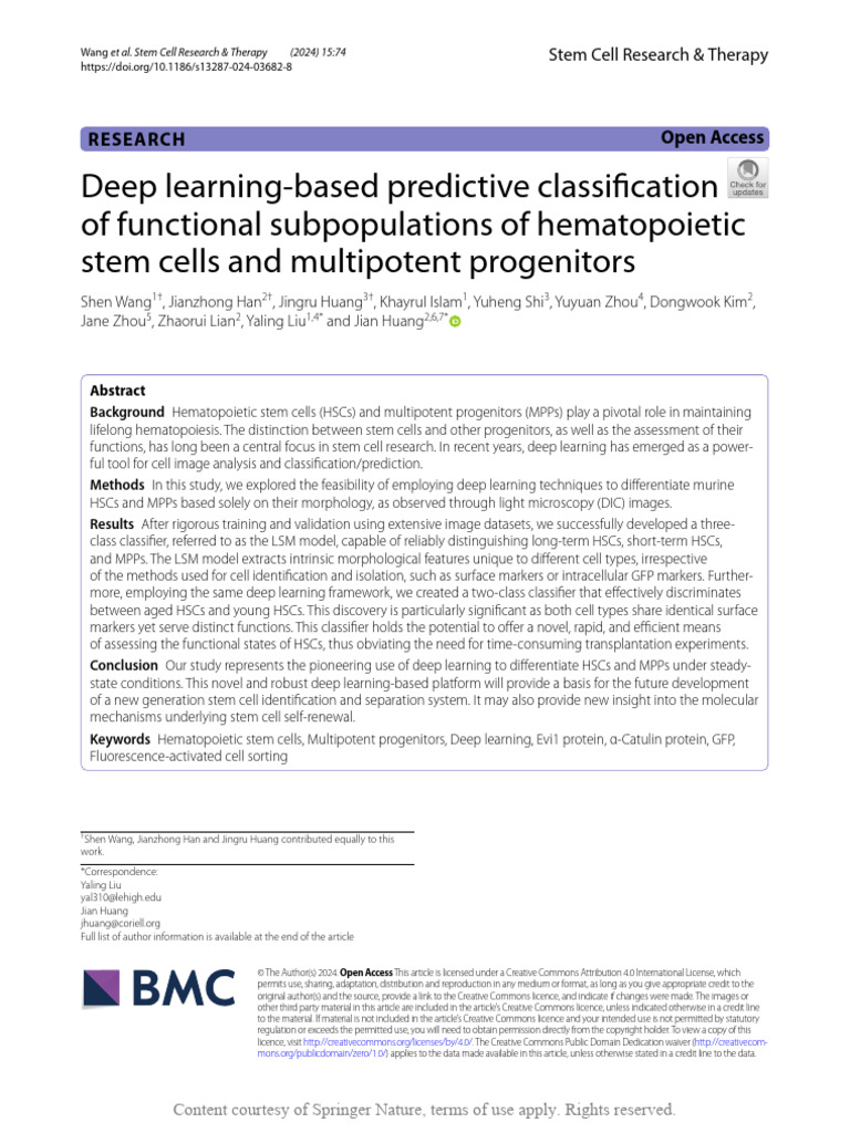Deep Learning-Based Predictive Classification of F | PDF | Hematopoietic Stem Cell | Haematopoiesis