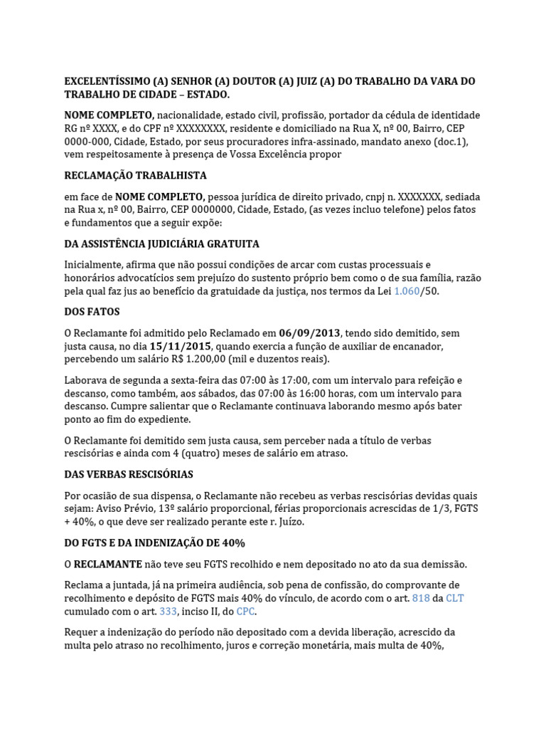 Modelo Peticao Inicial Trabalhista | PDF | Férias trabalhistas | Hora extra