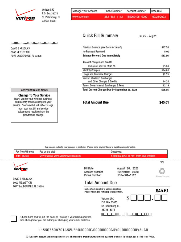 Verizon Bill Summary and Payment Info | PDF | Fee | Service Industries