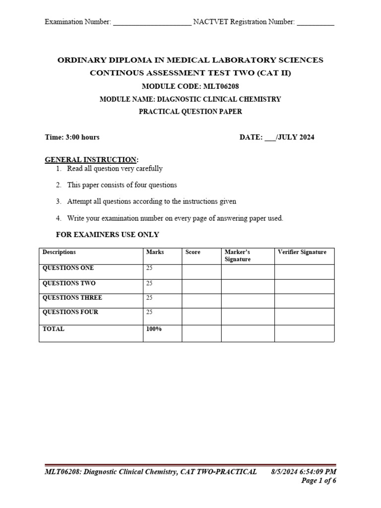 MLT06208-CHEM PRAC CAT TWO PAPER & CHECKLIST 2024 | PDF | Spectrophotometry | Absorbance