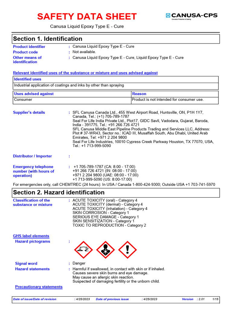Canusa Liquid Epoxy Type E Safety Data | PDF | Toxicity | Personal ...