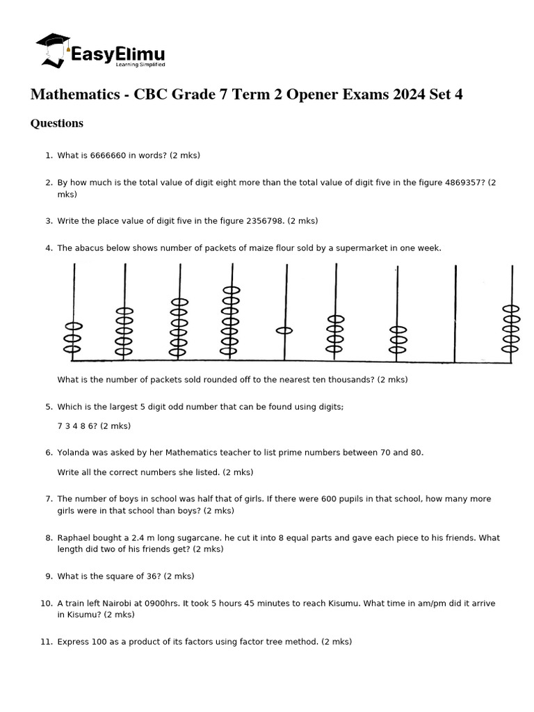 Mathematics - CBC Grade 7 Term 2 Opener Exams 2024 Set 4-1643 | PDF ...