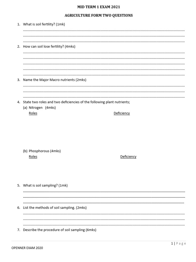 Set1 Agri Qstns MidTerm 1 2021 Teacher - Co - .Ke F2 Exam | PDF | Soil | Soil Fertility