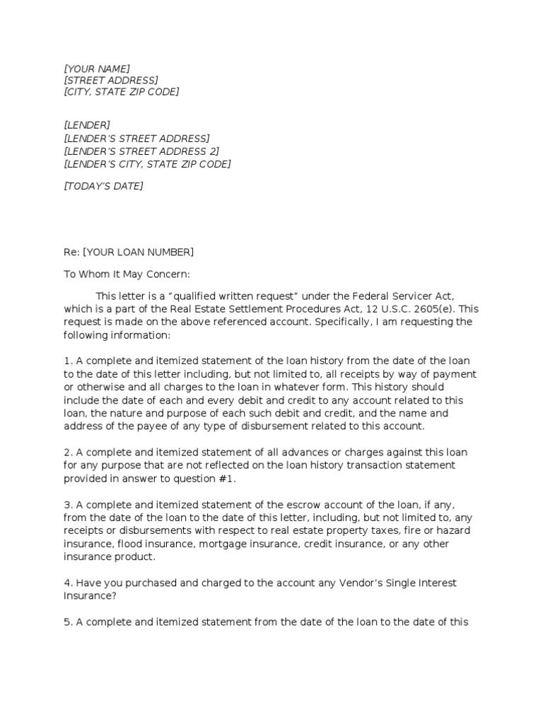 RESPA Information Demand Letter - V2 | PDF | Mortgage Loan | Loans