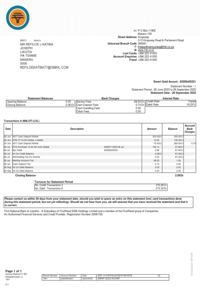 FNB Swakopmund Smart Gold Account Statement | PDF