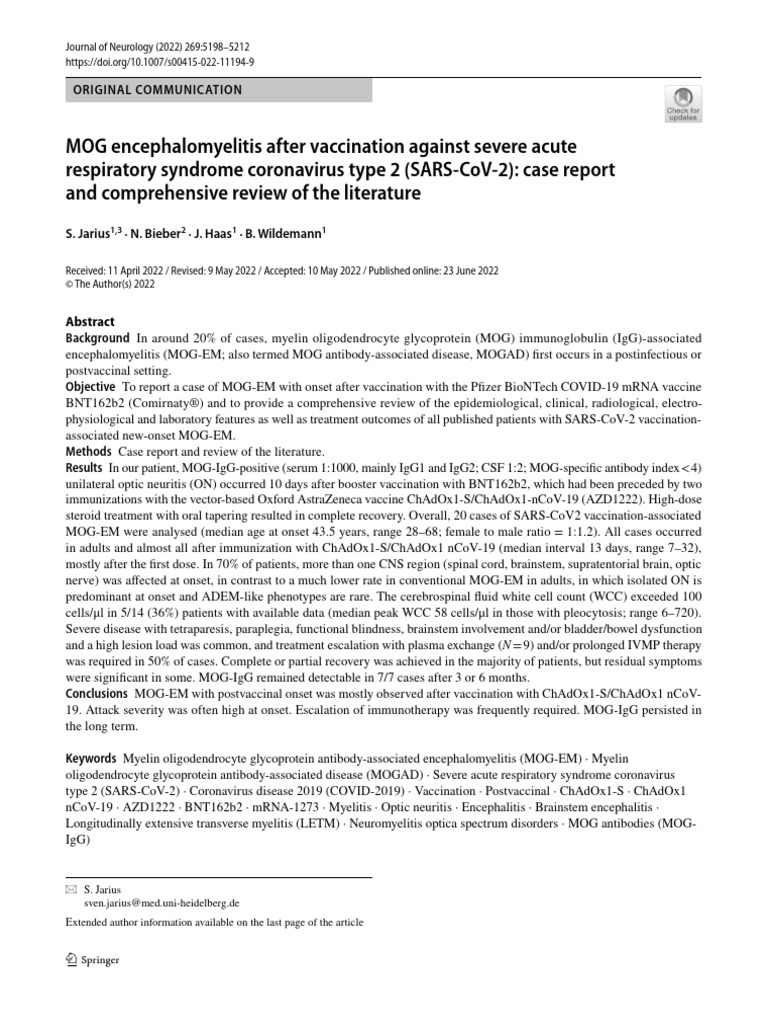 MOG Encephalomyelitis After Vaccination Against Severe Acute | PDF ...