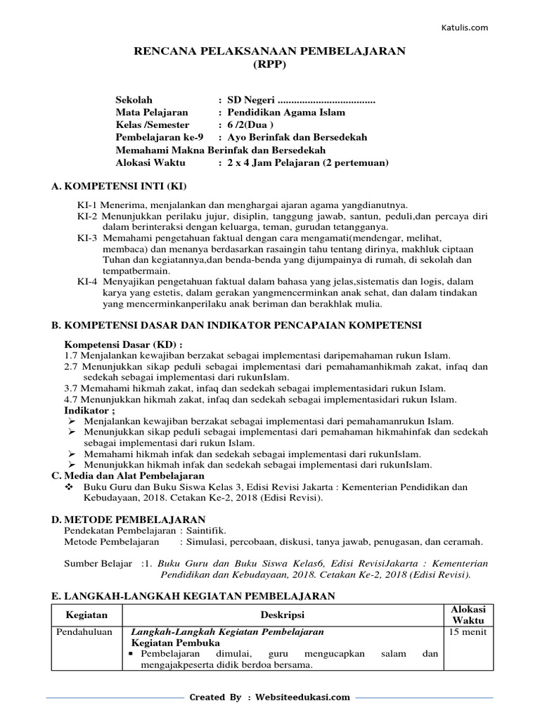RPP PAI K13 Kelas 6 Memahami Makna Berinfak Dan Bersedekah | PDF